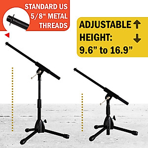 Stage Rocker Foldable Tripod Low-Profile Mic Boom Stand - Height Extending from 9.6'' to 16.9'', w/Adjustable Telescoping Arm Up to 9'', Lightweight/Convenient, Black, Powered by Hamilton(SR610121B)