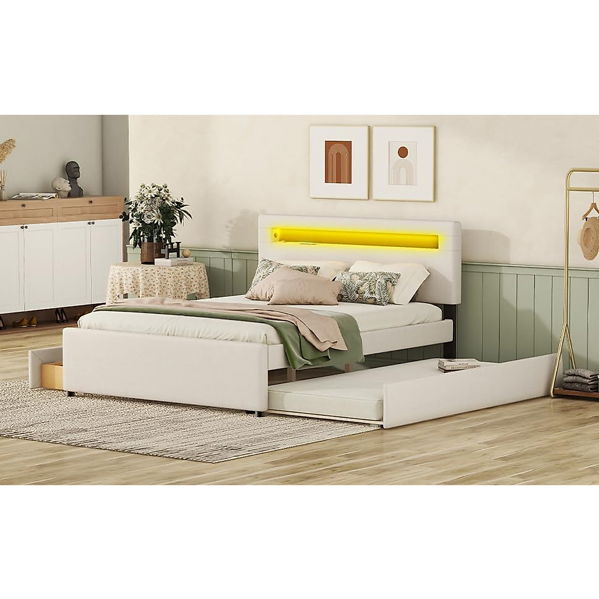HABUHOME Queen Size Upholstered Platform Bed with 2 Storage Drawers and Twin Trundle, LED Lights and USB Charging, Linen Queen Bed Frame with Headboard and Wood Slat Support,Beige
