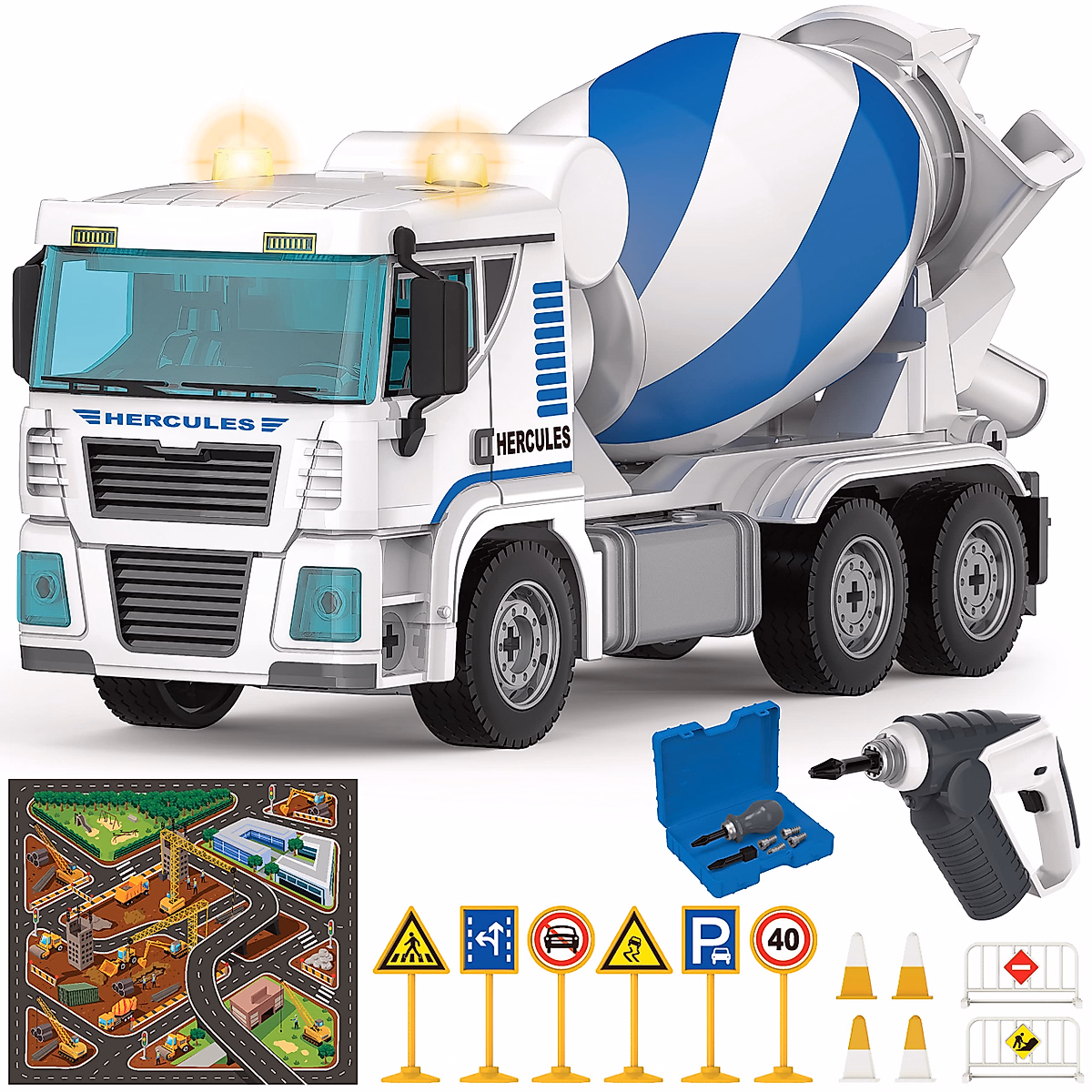 Take Apart Toy Cement Mixer Toy Truck - 107 Pcs STEM Toys Building Kit w/Drill, Realistic Toy Construction Vehicle for Kids Friction Power Push & Go Lights & Sounds for Boys Ages 4 5 6 7 8 Years Old