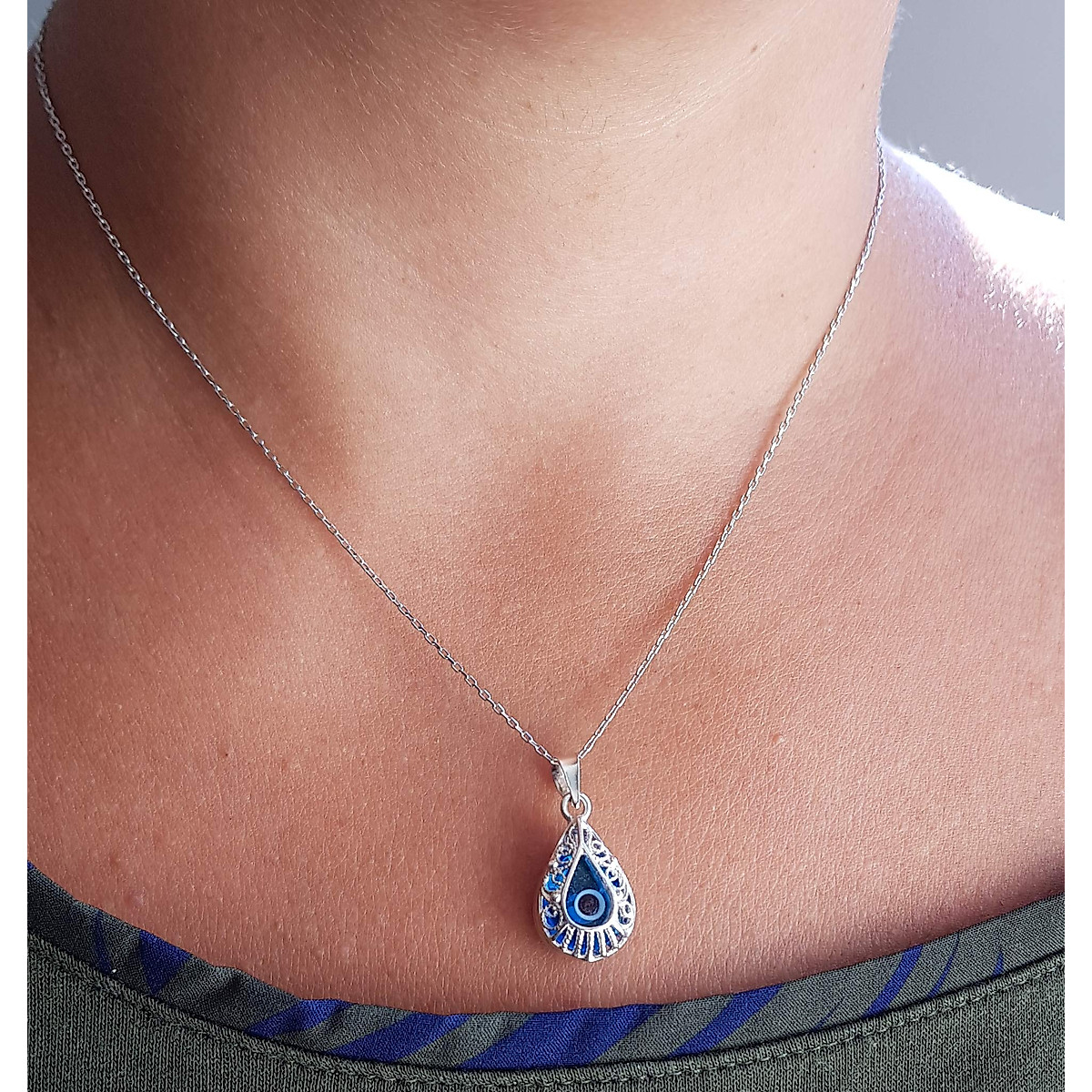 MYSTIC JEWELS By Dalia - 925 Sterling Silver Glass Evil Eye Drop Shape Filigree Pendant with Silver Chain