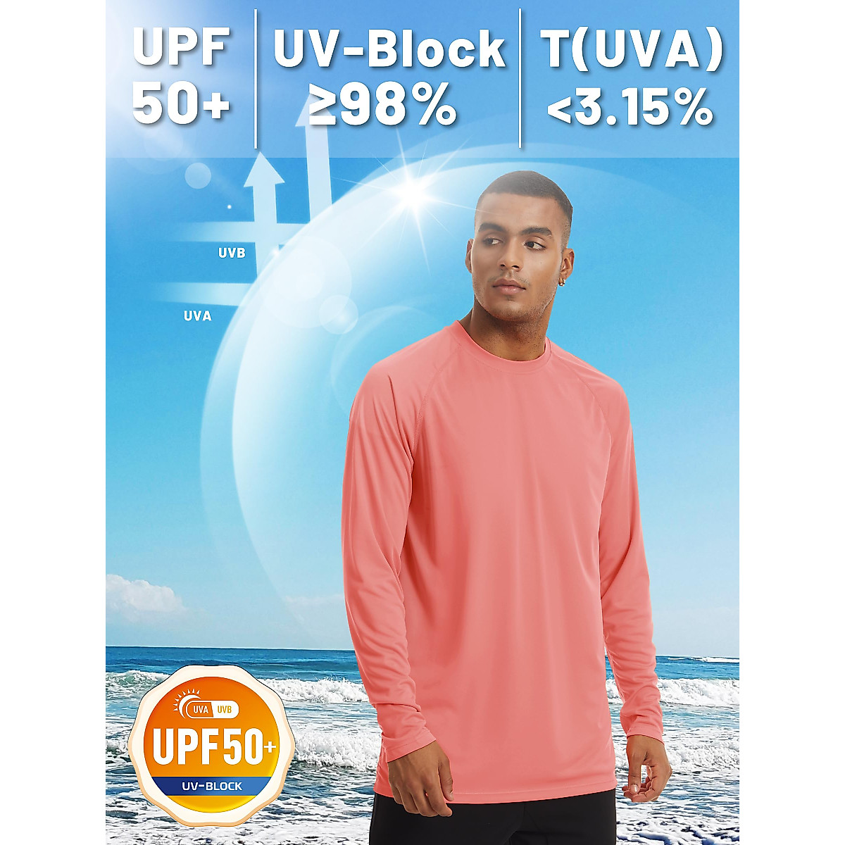 TACVASEN Mens Athletic Shirts Long Sleeve UV Protection Sun Shirts Quick-Dry Hiking Tops UPF 50+ Fishing Shirts Men Summer Beachwear Watermelon Red