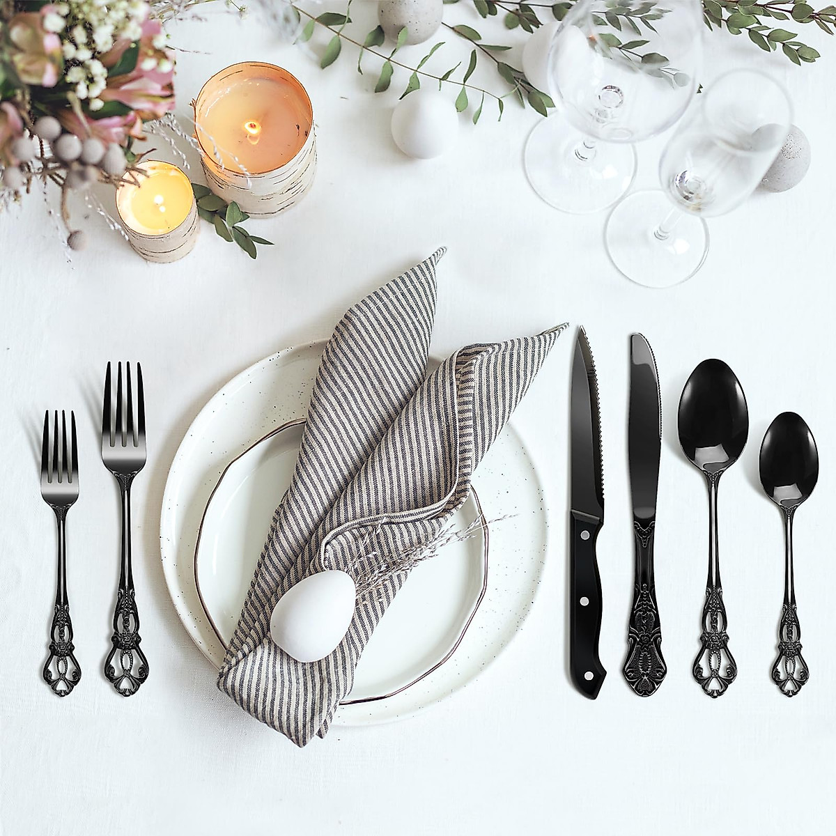 24 Pieces Black Silverware Set for 4, Stainless Steel Flatware Set Serving include Spoon Forks Knives, Kitchen Utensils Set, Tableware Cutlery Set with Steak Knives For Home Kitchen Restaurant Hotel