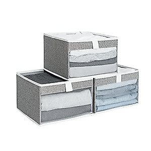 StorageWorks Closet Storage Bins with Clear Window and 2 Handles, Foldable Clothing Bins for Shelves, Large Fabric Organizer, Gray, 3 Pack