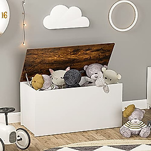 Costzon Kids Toy Box Storage Chest, Wooden Children Storage Bench Ottoman Trunk w/Flip-top Lid, 35.5” Wide Toddler Cabinet Organizer w/Pneumatic Rod for Kids Play Room Nursery (Rustic Brown + White)