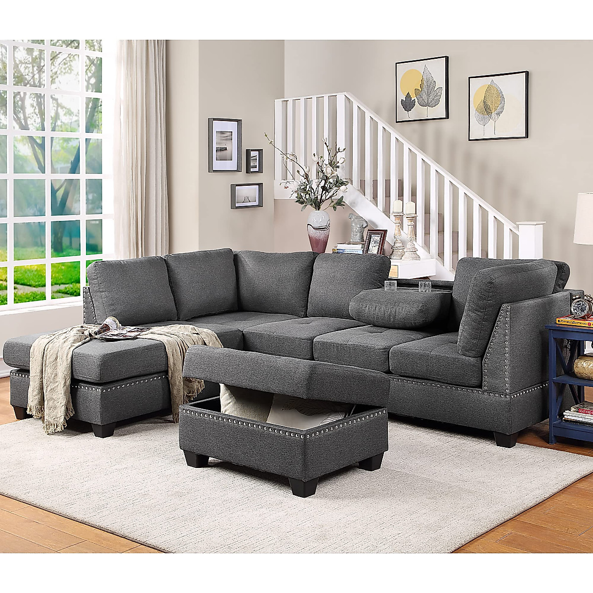 Prohon Oversized Reversible Sectional Sofa with Storage Ottoman, Cup Holder, 3 Pieces Rivet Living Room Furniture Set w/Ornament Ornament Convertible Chaise Modern Modular Sectional Couch, Gray