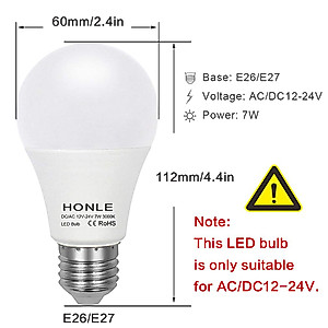 E26 LED Light Bulbs Warm White 3000K Low Voltage 12V 7W Standard Edison Base 60w Halogen Bulb Equivalent, Pack of 2