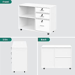 YITAHOME Wood File Cabinet, 3 Drawer Mobile Lateral Filing Cabinet, Storage Cabinet Printer Stand with 2 Open Shelves for Home Office Organization,White