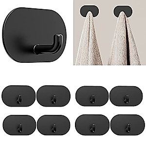 Adhesive Hooks Heavy Duty Stick On Wall Hooks Stainless Steel Kitchen Bathroom Hooks Rust-Proof Metal Hooks for Hanging Keys, Hat, Towel Robe, Black, Pack of 8