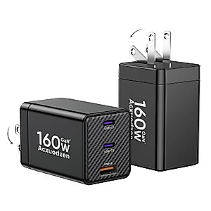 [2 Pack] USB C Charger Block 160W, 3-Port GaN Super Fast Charger, Dual 65W Type C Charging Block, Foldable QC3.0 Laptop Fast Charging for MacBook, iPhone, Samsung, Galaxy, iPad, Android, Black