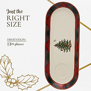 Spode Christmas Tree Collection| Tartan 2 Piece Chip and Dip| Measures 13-Inches| Made of Fine Earthenware| For Sauces and Appetizers| Dishwasher, Microwave, and Freezer Safe