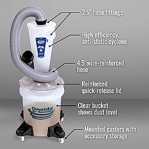 Oneida Air Systems Dust Deputy 2.5 Deluxe Cyclone Separator Kit: Portable Collector with Clear Bucket for Wet/Dry Shop Vacuums (DD 2.5 Deluxe 5-Gal)