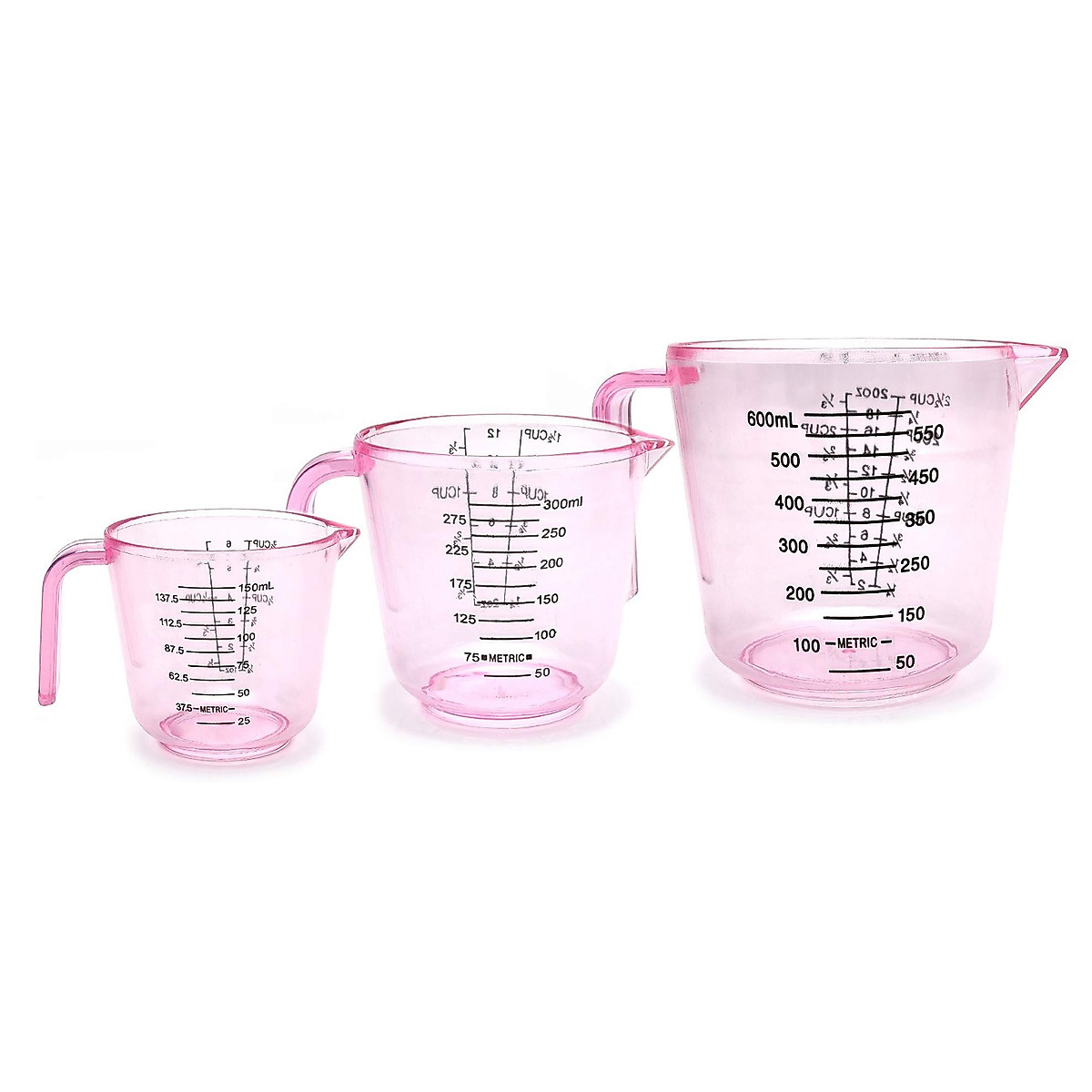 Plastic Measuring Cup Set, Kitchen Cooking and Baking Seasoning Liquid Measuring Cup, Multiple Scale Identification, with Handle and Triangle Mouth, 150ml, 300ml, 600ml, 3-piece Set (Pink)