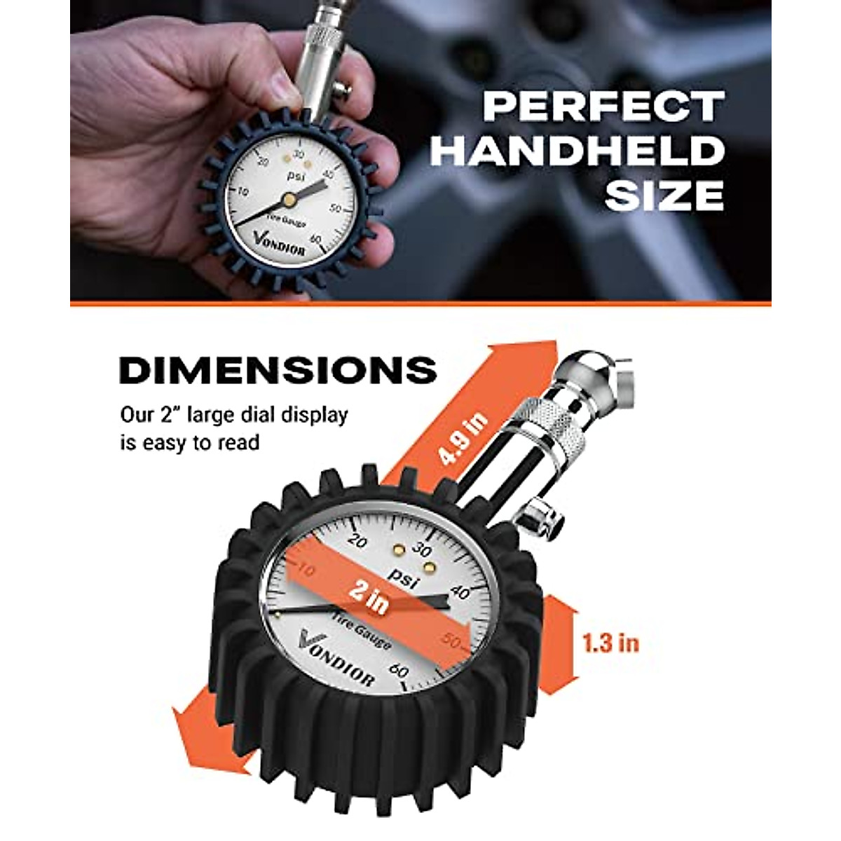 Tire Pressure Gauge - (0-60 PSI) Heavy Duty, Certified ANSI Accurate with Large 2 Inch Easy to Read Glow Dial, Low - High Air Pressure Gauge. Tire Gauge for Car and Trucks Tires by Vondior (White)