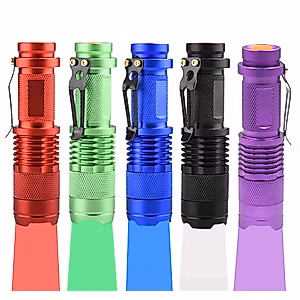 WAYLLSHINE (Pack of 5 Multicolored 3-Mode Flashlight: Red Light Flashlight, Green Light Flashlight, Blue Light Flashlight, 395 UV Light Flashlight, White LED Light Flashlight