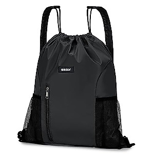 WANDF Drawstring Backpack with Shoulder Pad Sports Gym Backpack with Mesh Pocket String Bag for Women Men(Black)