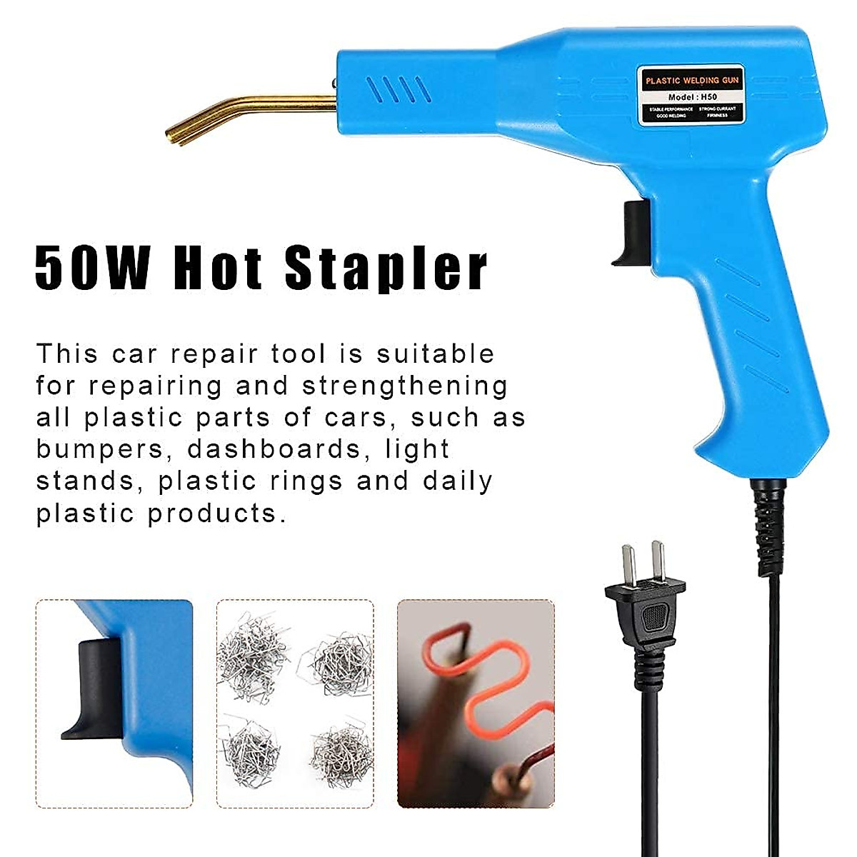HPEVA 50W Plastic Welder,Hot Stapler Plastic Welding Machine,Handy Hot Staple Gun Car Bumper Repair Kit,Bodywork Fender Fairing Welding Systems Include 4 Types Hot Wave Flat Staples(Blue)