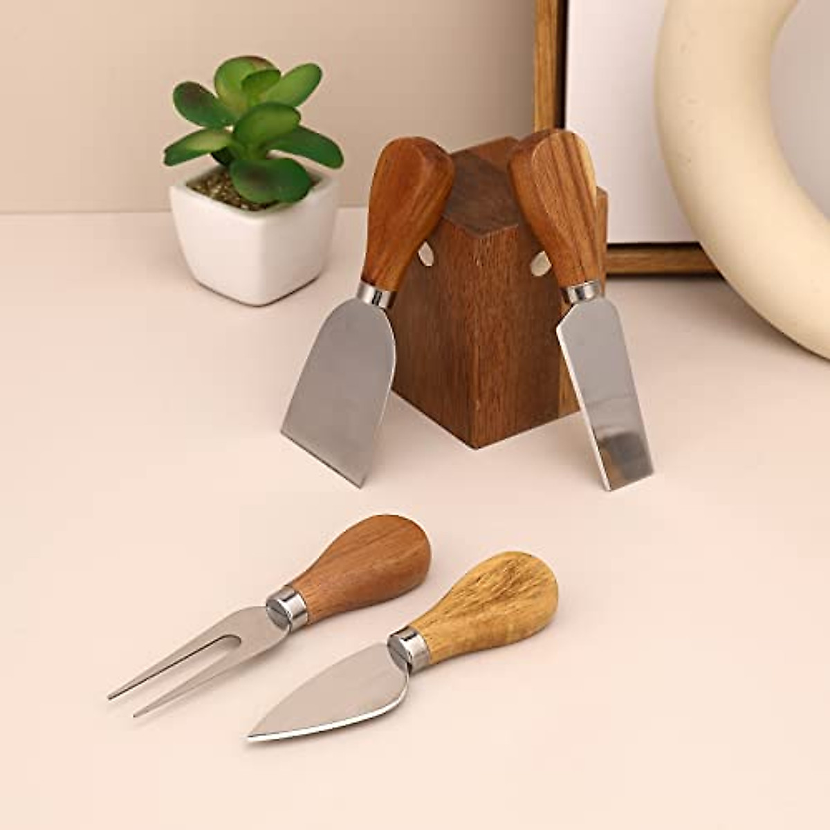 olelo 4 Pieces Cheese Knives Set Includes 4 Stainless Steel Cheese Slicer Cheese Cutter with Wooden Handle & 1 Wooden Magnetic Block Stand…