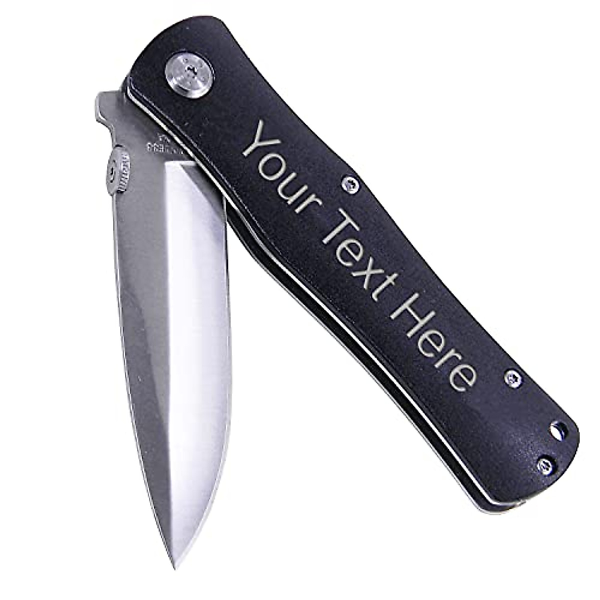 Personalized Add Your Custom-Made Text Folding Aluminum Engraved Name Customized Pocket Hunting Personal Knife with Pocket Clip (Black Handle)