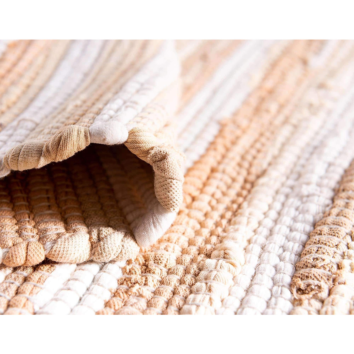 Unique Loom Chindi Cotton Collection Soft Hand Woven Natural Fiber Striped Area Rug, 4 ft x 6 ft, Beige/Ivory