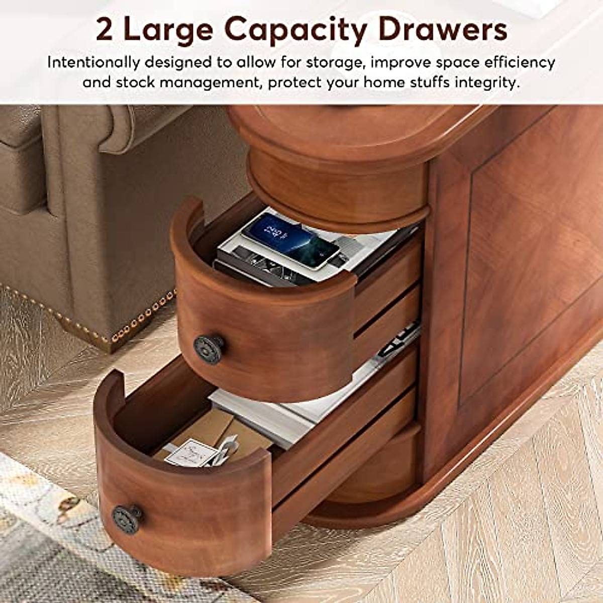 LITTLE TREE Wood End Table with 2 Drawers Sofa Side Table for Living Room, No Assembly Required Vintage Slim Nightstand Bedside Table for Bedroom, Brown