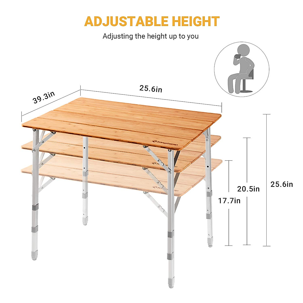 KingCamp Bamboo Camping Table Adjustable Height Portable Compact Folding Table for Indoor Outdoor Picnic Backyard BBQ