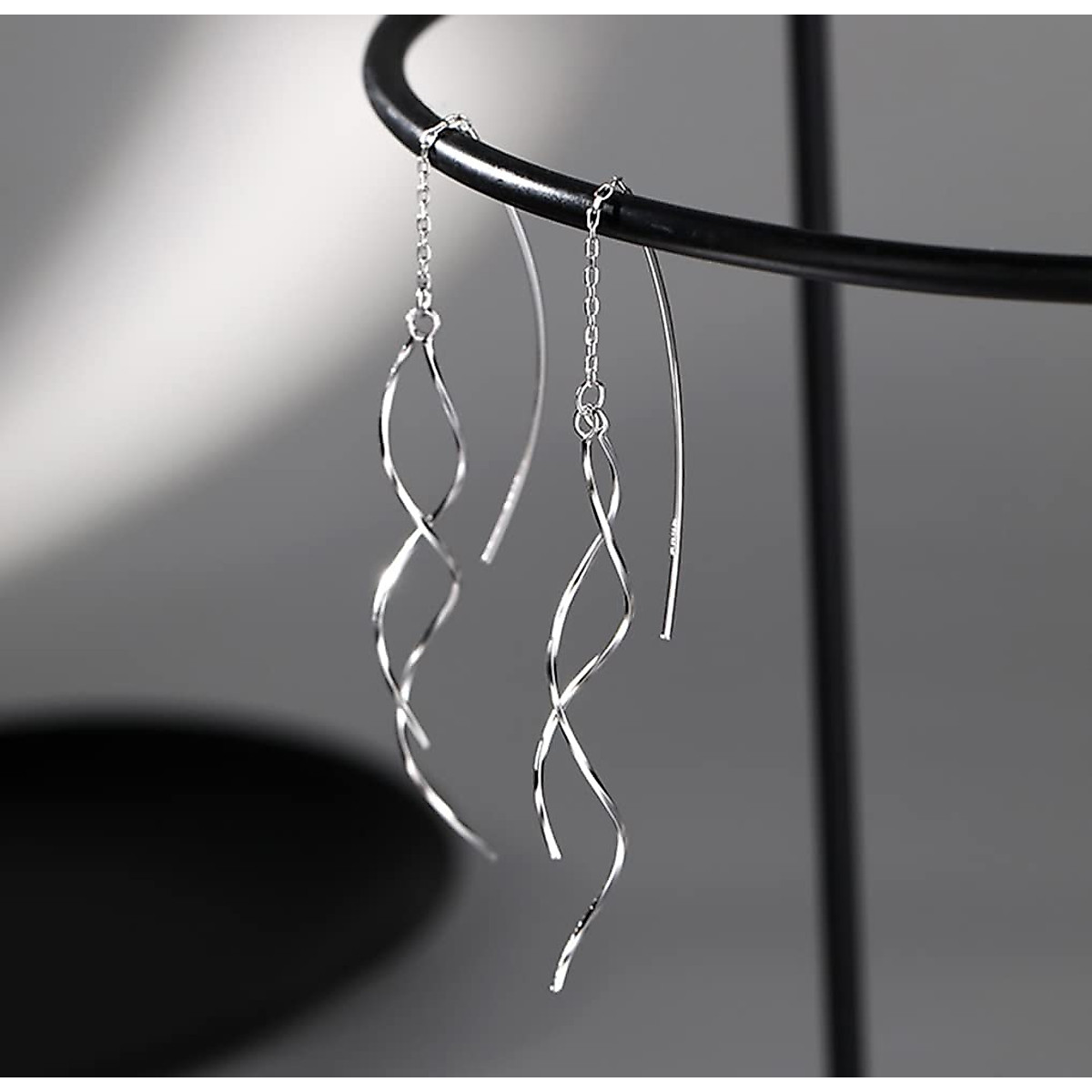 SLUYNZ Sterling Silver Curve Dangle Earrings for Women Teen Girls Wave Dangle Earrings Threader Tassel (A-Silver)
