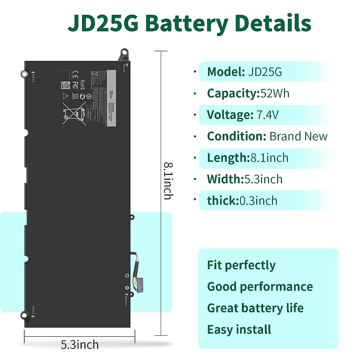 DMKAOLLK XPS 13 9350 9343 JD25G 90V7W Battery for Dell XPS13 XPS 13 9343 9350 P54G JHXPY JHXPY53 5K9CP 05K9CP 090V7W XPS13D-9343-1708 13D-9343-3708 13-9350-D1508G 13-9350-350 13-9350-D1608 13-9350