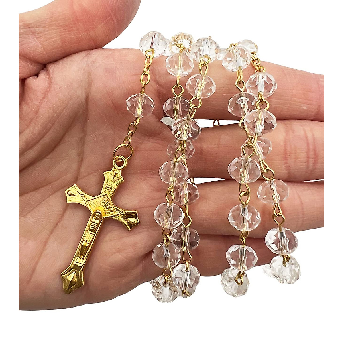 Catholic Our Lady of Guadalupe Crystal Rosary with Medals Rosario De La Virgen De Guadalupe Virgin Mary Prayer Rosary Necklace (White/Gold)