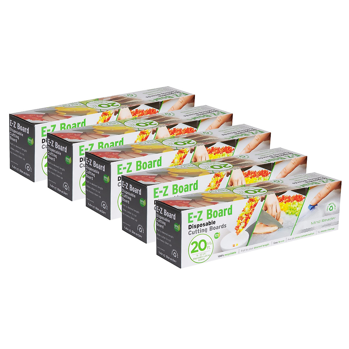 Mind Reader E-Z Board Disposable Plastic Cutting Board, Flexible, 20 sf, Camping, 13.75"L x 3.125"W x 3.75"H, 5 Pack, Clear