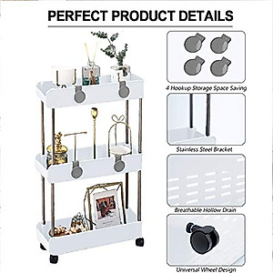 3-Tier Slim Mobile Shelving Unit on Wheels, Slide Out Rolling Bathroom Storage Organizer, Utility Carts Shelf Rack for Kitchen Bathroom Laundry Room Narrow Places, White