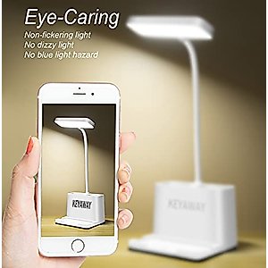 LED Desk Lamp with Pen & Phone holder, USB Rechargeable Book Reading Light,Eye-Caring Study Lamp for Kids, Touch Table Lamp with Flexible Gooseneck for Home,Office,3 Color Modes & Stepless Dimming