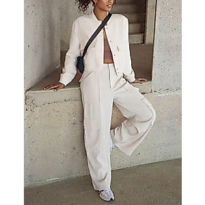 Springrain Womens Cropped Bomber Jacket Casual Varsity Jacket with Pockets Long Sleeve Outwear(Beige-S)