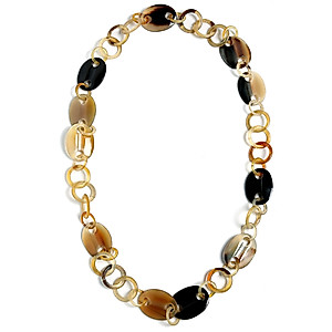 Bling Jewelry Earth Tone Brown Handmade Natural Buffalo Horn Long Round Disc Oval Multi Link Chain Necklace for Women 36 Inches