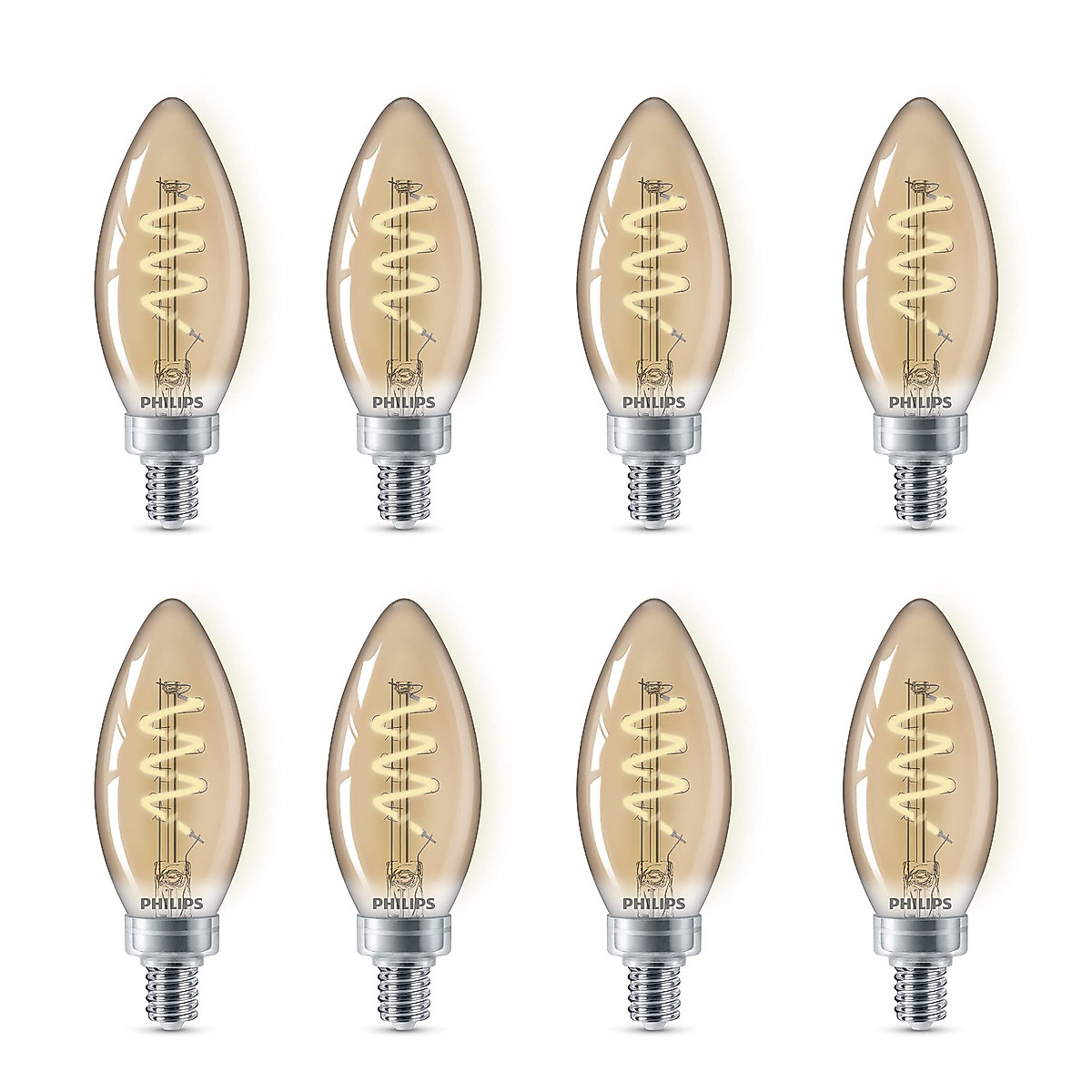 Philips LED Vintage Flicker-Free Amber Spiral B11 Dimmable, Eyecomfort Technology, 225 Lumen, Amber Light(2000K), 3.5W=25W, Title 20 Certified, E12 Base, 8-Pack (565804)