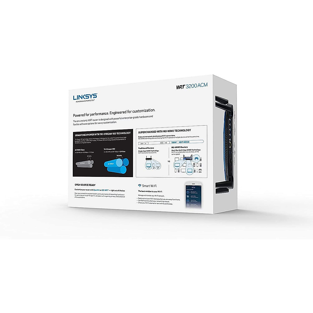 Linksys WRT3200ACM: AC3200 Dual-Band Gigabit Wi-Fi Router, Beamforming Tri-Stream Wireless Signal, Ethernet Ports, MU-MIMO (Black, Blue)