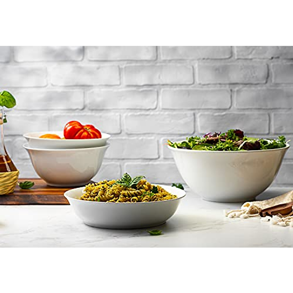 Kook Ceramic Salad Serving Bowls, Chip Resistant Ceramic, Microwave and Dishwasher Safe, White Glossy Porcelain, Bristol Collection (Serving Bowl)