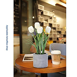 Jusdreen Artificial Potted Tulips Flowers with Cement Vase Vivid Tulip Flowers Arrangement for Home Office Décor House Decorations(5 White Tulips)