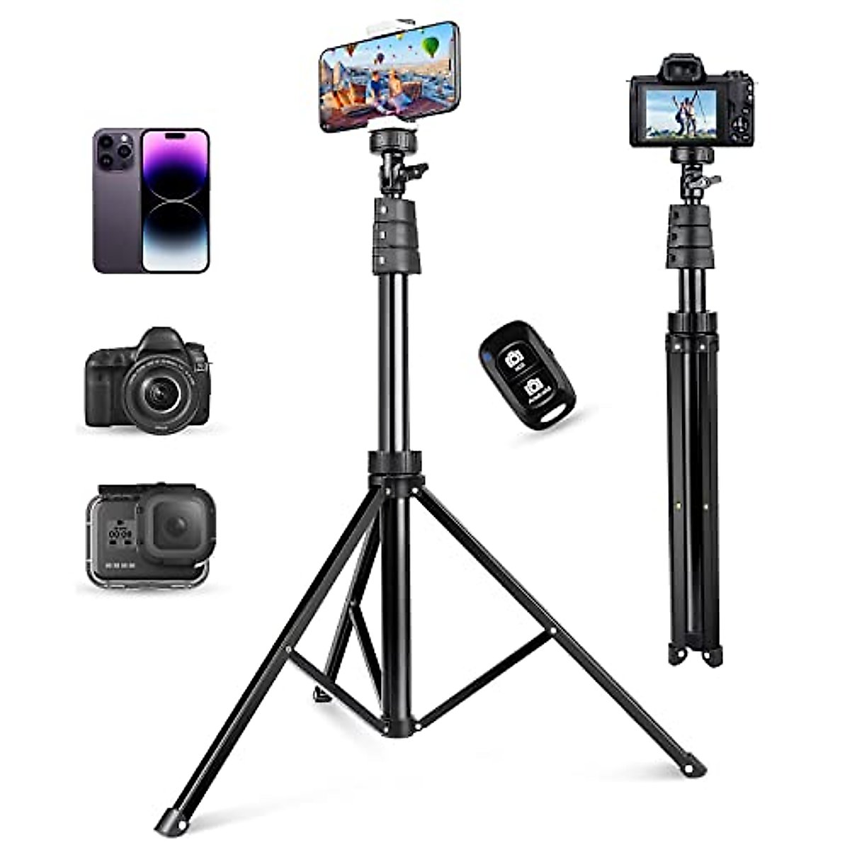 Eicaus Adjustable 67'' Cell Phone Tripod with Remote Control - Versatile Selfie Stick Tripod for Live Streaming, Vlogging, and More - Compatible with iPhone, Android, GoPro, Cameras Black