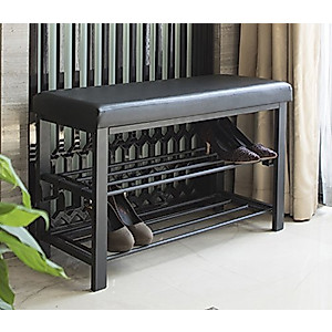 Finnhomy Entryway Shoe Rack with Cushioned Seat, 2 Shelves Storage Bench w/Faux Leather Top Bed Bench, Black