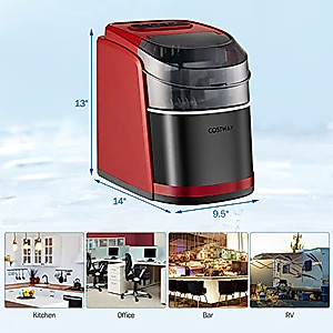 COSTWAY Countertop Ice Maker, Self-Cleaning Function, 26.5 LBS Ice Per Day, 9 Ice Cubes Ready in 6-13 Minutes, Fully Open, Portable Ice Machine with Ice Scoop, Basket for Kitchen Bar Office, Red