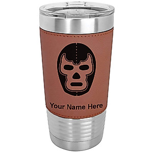 LaserGram 20oz Vacuum Insulated Tumbler Mug, Luchador Mask, Personalized Engraving Included (Faux Leather, Dark Brown)