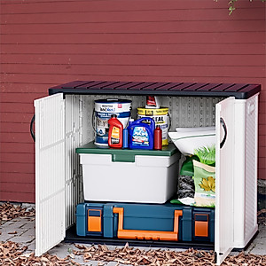 Greesum Outdoor Storage Deck Box Cabinet 150 Gallon, Horizontal Resin Storaged Shed, Pad-Lockable, Waterproof and UV Protection for Garden, Garage, Lawn, Without Shelf, White
