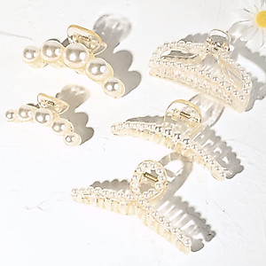 DEEKA 5 Pcs Large Pearl Hair Claw Clips White Black Thick Long Jaw Clips Barrettes Hair Accessories for Women and Girls