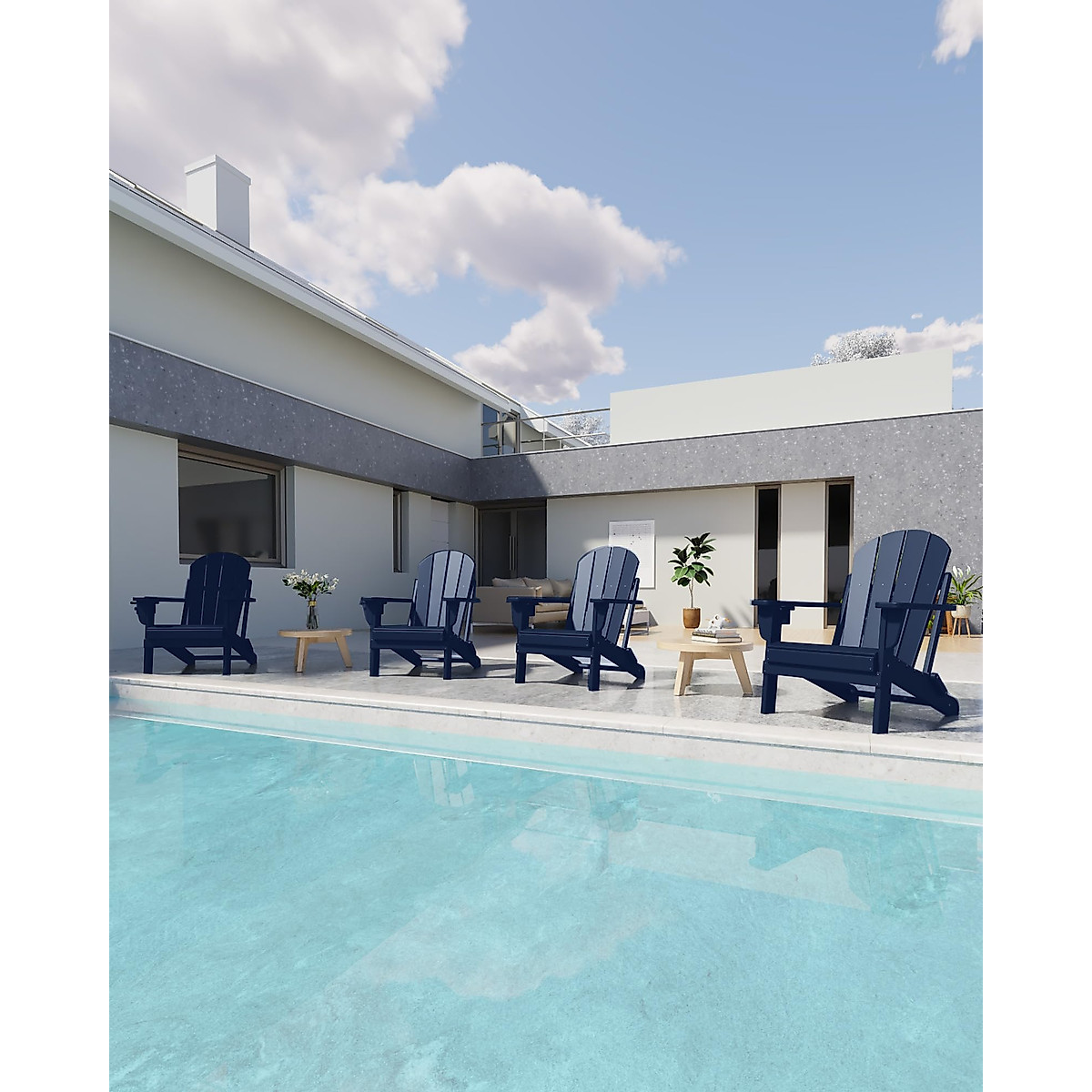 Adiromoti Folding Adirondack Chairs Set of 4, All-Weather Resistant HDPE Patio Firepit Chairs, Sturdy Outside Chairs with Cup Holder, Lawn Chairs, 80% Pre-Installed Load Capacity 385lb, Navy Blue