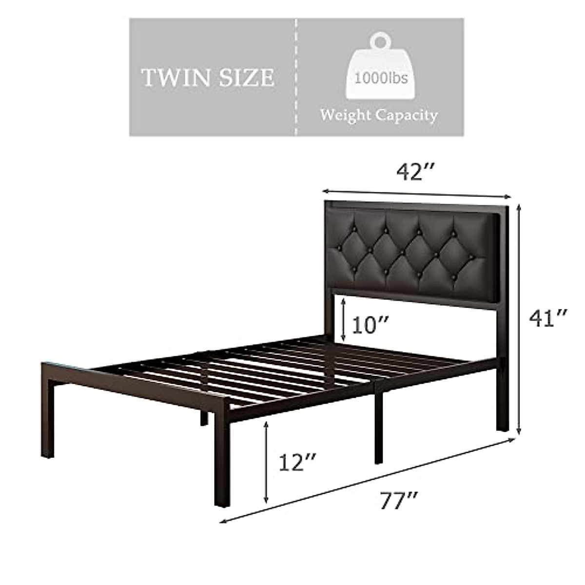iPormis Twin Size Metal Bed Frame with Faux Leather Button Tufted Headboard, 12" Underbed Storage, Steel Slats Support, Noise Free, Easy Assembly, No Box Spring Needed, Black