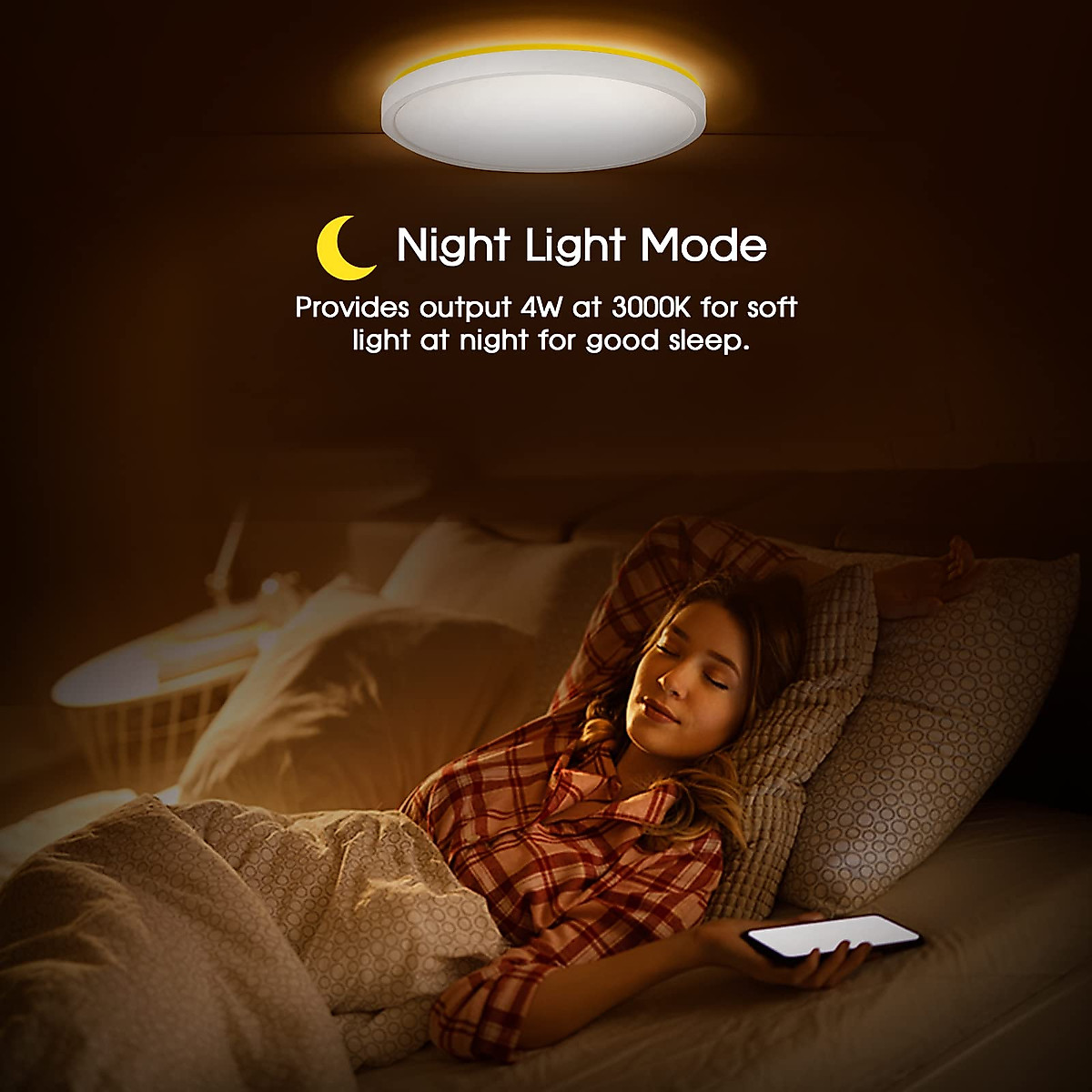 Roomratv LED Flush Mount Ceiling Light with Nightlight - 12" 24W 2400LM Surface Mount Light Fixture with 5 CCT Color Temperature Options