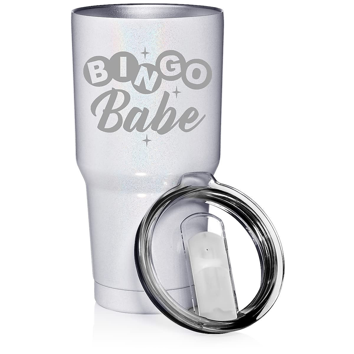 30 oz Tumbler Stainless Steel Vacuum Insulated Travel Mug Cup Bingo Babe (White Glitter)