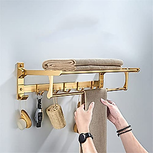WANLIAN Towel Rack for Bathroom Adjustable 20 Inch Dual Towel Shelf with Double Bar Wall Mounted Stainless Steel Bath Towel Shelf Rack with Hooks Hotel Style Brass Gold (Gold)
