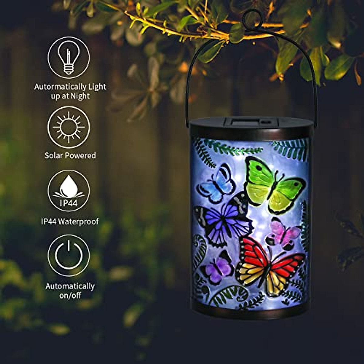 Afirst Hanging Solar Lantern - Decorative Outdoor Glass Solar Butterfly Lights Waterproof LED Tabletop Lamp for Garden Yard Patio Decor