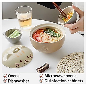 Japanese Style Ceramic Soup Bowls with Lids Ramen Bowl Cute Kitten Design for Mixing Salad, Noodle, Instant Noodles, Ramen Cooker, Kitchen Oven, Microwave Safe Bowl Cat Gifts for Cat Lovers (khaki)